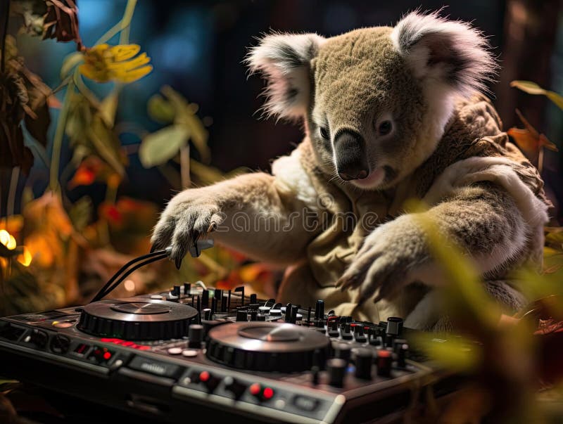 Koala DJ at tiny turntable stock illustration. Illustration of ...