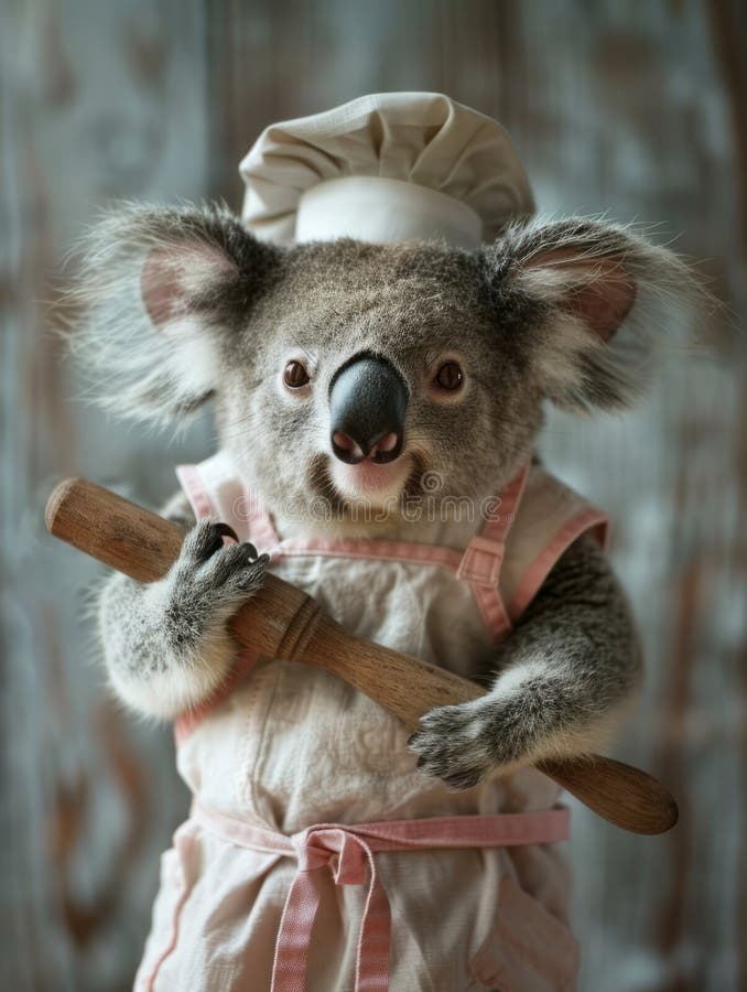 Koala Dressed As a Chef Holding a Rolling Pin. Stock Photo - Image of ...