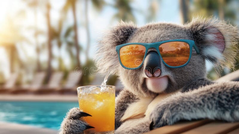 Koala Enjoying a Refreshing Drink by the Pool on a Sunny Day with ...