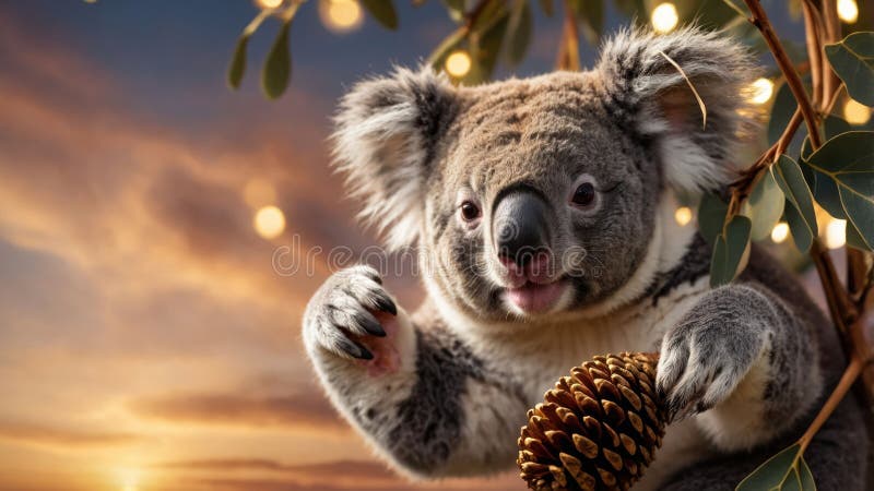Adorable Koala Bear on Eucalyptus Branch at Sunset Stock Illustration ...