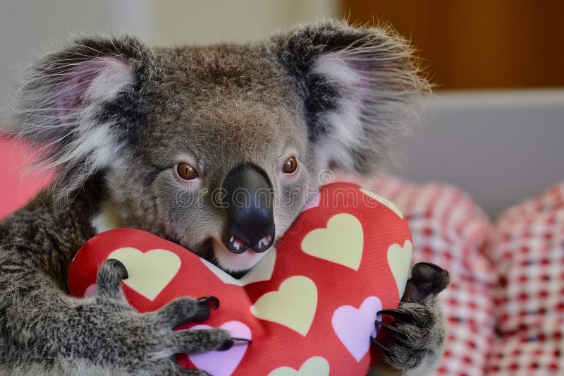 Koala Hugging a Heartpatterned Plush Toy, Eyes Open Stock Image - Image ...