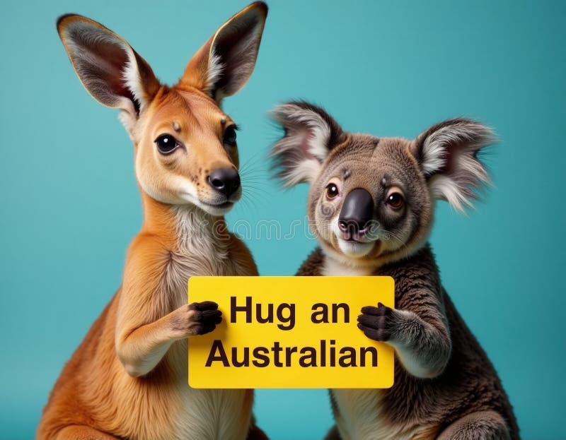 Koala and Kangaroo Holding "Hug an Australian" Sign Stock Illustration ...