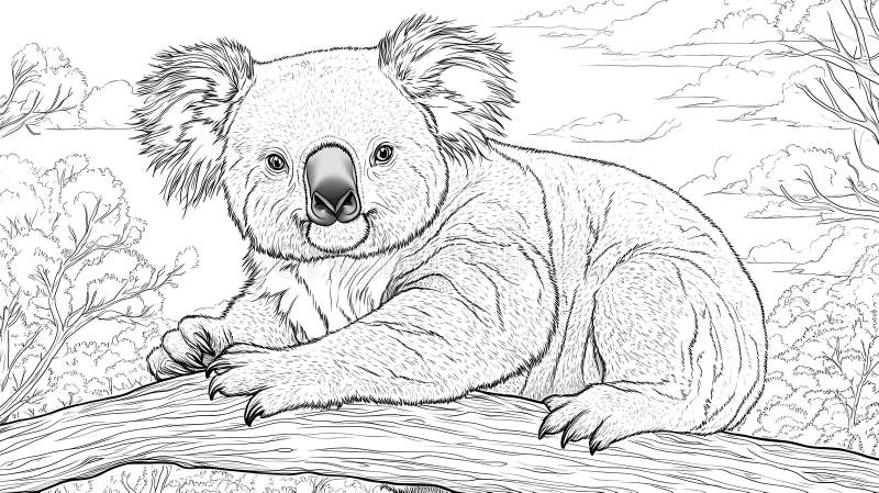 Koala Line Drawing Perched on a Tree Branch. the Koala Has Distinct ...