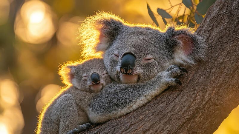 Koala Mother and Baby Snuggle in Tree with Warm Sunset Stock ...