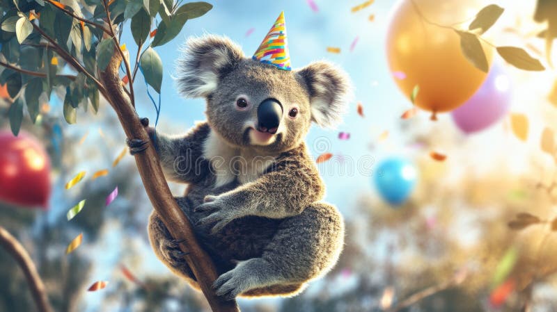 Koala with Party Decorations a Cute Koala Perched on a Background Stock ...