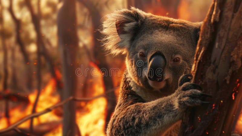 Koala Perched on Tree Branch in Front of Fire Stock Image - Image of ...