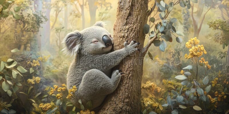 Koala Postcard in Lush Forest with Soft Sculpture Aesthetics Stock ...