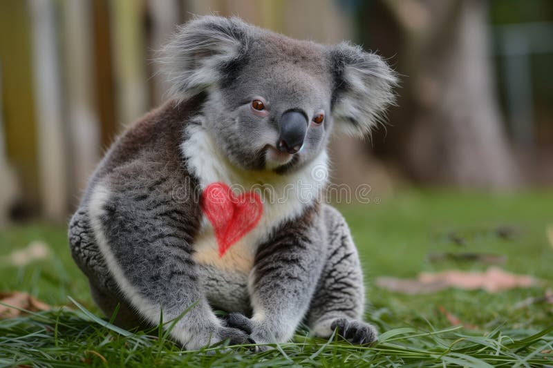Koala with a Red Heart Drawn on Its Fur, Sitting on Grass Stock Photo ...