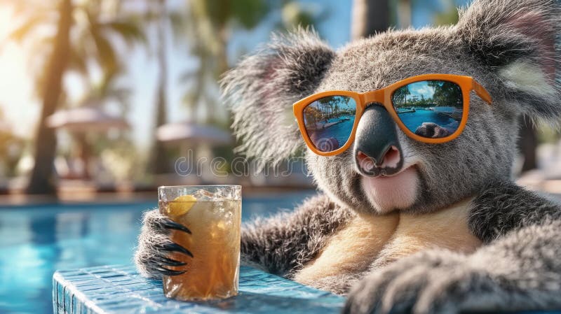 Koala Relaxing by the Pool with Sunglasses and Iced Drink Under the Sun ...