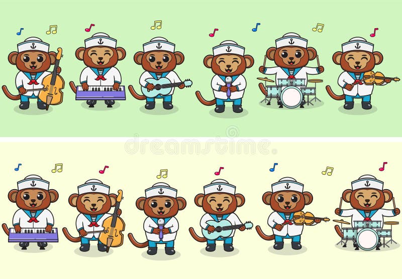 Monkey Sailor Music Band Set Stock Vector - Illustration of cute ...