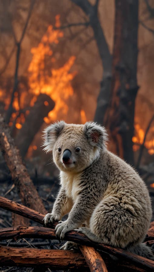 A Koala Sits in Front of a Fire Burning Support and Recovery Efforts ...
