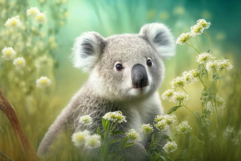 Koala Sits on a Green Meadow in Spring among Flowers AI Generated ...