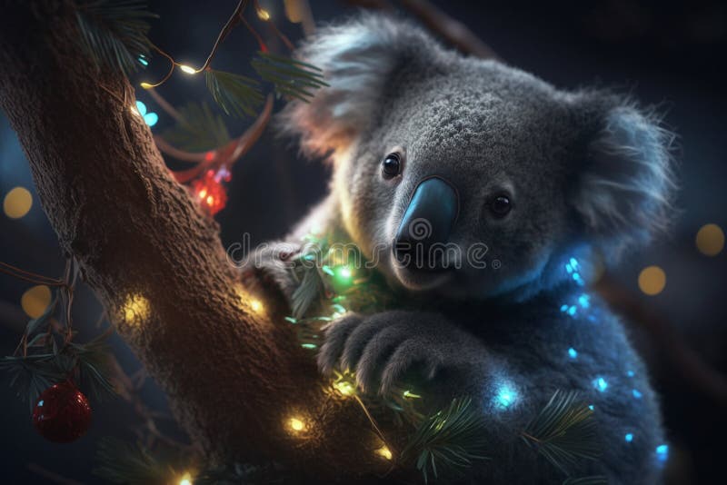 Koala Sitting on a Christmas Tree with Lights AI Generated Content ...