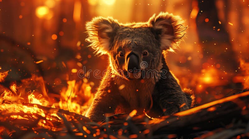 A Koala is Sitting in a Fire-ravaged Forest. the Fire Has Destroyed the ...