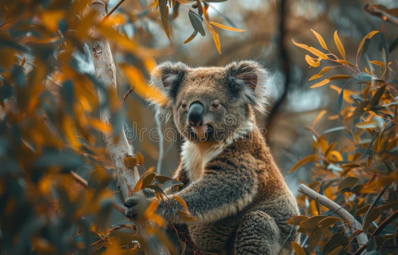 Koala Sitting in a Tree in an Australian Forest Stock Photo - Image of ...