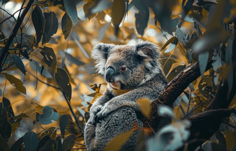 Koala Sitting in a Tree in an Australian Forest Stock Photo - Image of ...