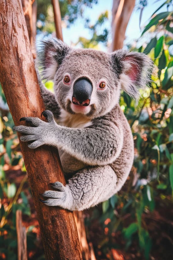 A Koala is Sitting on a Tree Branch and Looking at the Camera Stock ...