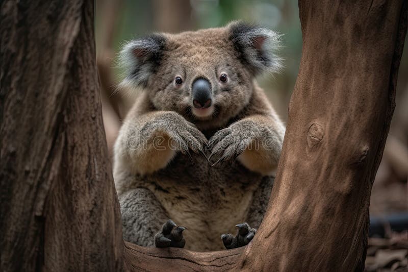 A koala sitting in a tree stock photo. Image of head - 281852420