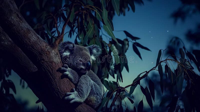 Koala Sleeping in Eucalyptus Tree at Night, Stars Visible Stock Image ...