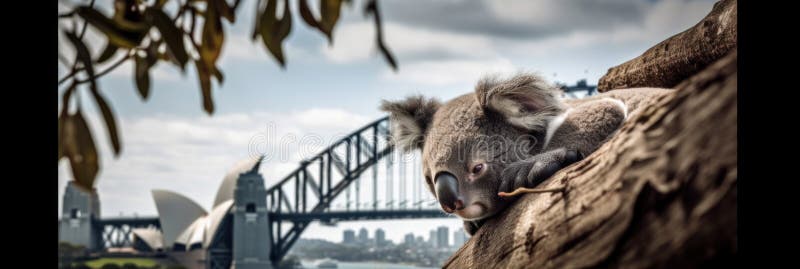 A Koala Sleeping on a Tree Branch in Front of a Bridge. Generative AI ...