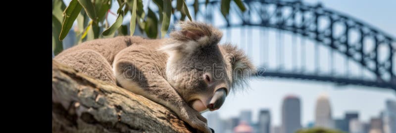 A Koala Sleeping on a Tree Branch in Front of a Bridge. Generative AI ...