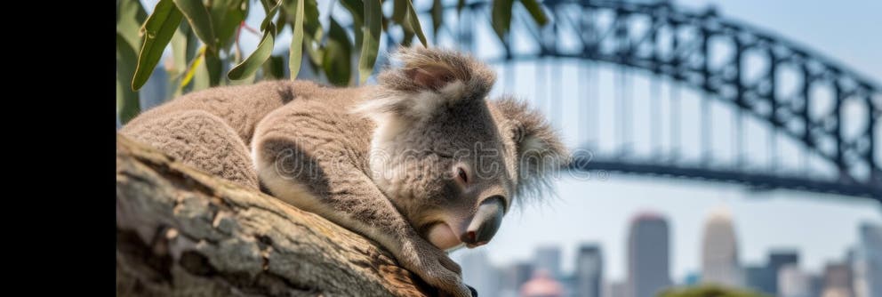 A Koala Sleeping on a Tree Branch in Front of a Bridge. Generative AI ...