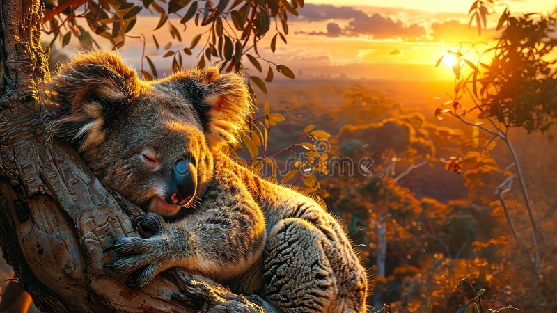 Koala Sleeping on a Tree Branch at Sunset in an Australian Forest Stock ...