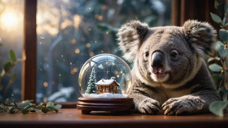 Adorable Koala Bear with Winter Snow Globe Cabin Scene Stock ...