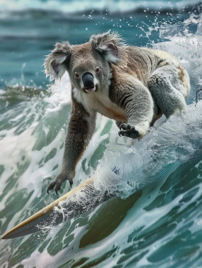 A Koala is Surfing on a Surfboard in the Ocean Stock Image - Image of ...