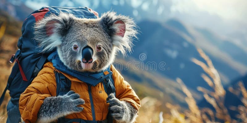 Koala Wearing Backpack and Jacket in Mountainous Landscape for ...