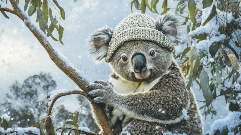 A Koala Wearing a Knit Hat in a Snowy Eucalyptus Tree Stock ...