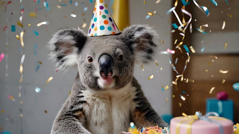 Koala Wearing a Party Hat Celebrating at a Birthday Party with Falling ...