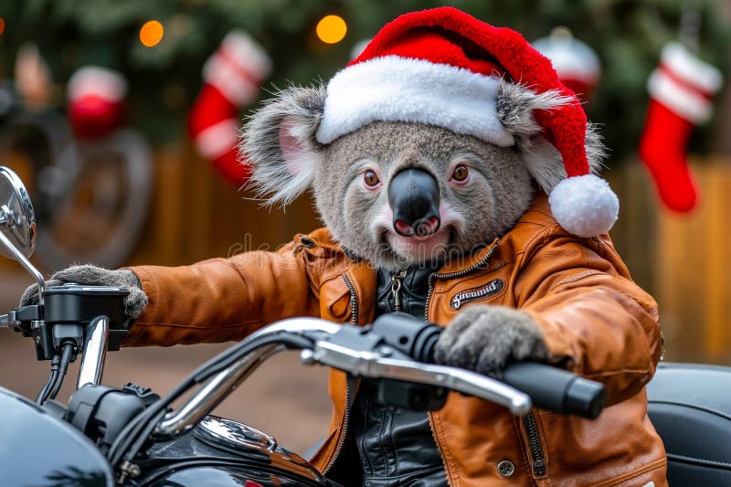 A Koala Wearing a Santa Hat on a Motorcycle Stock Photo - Image of ...