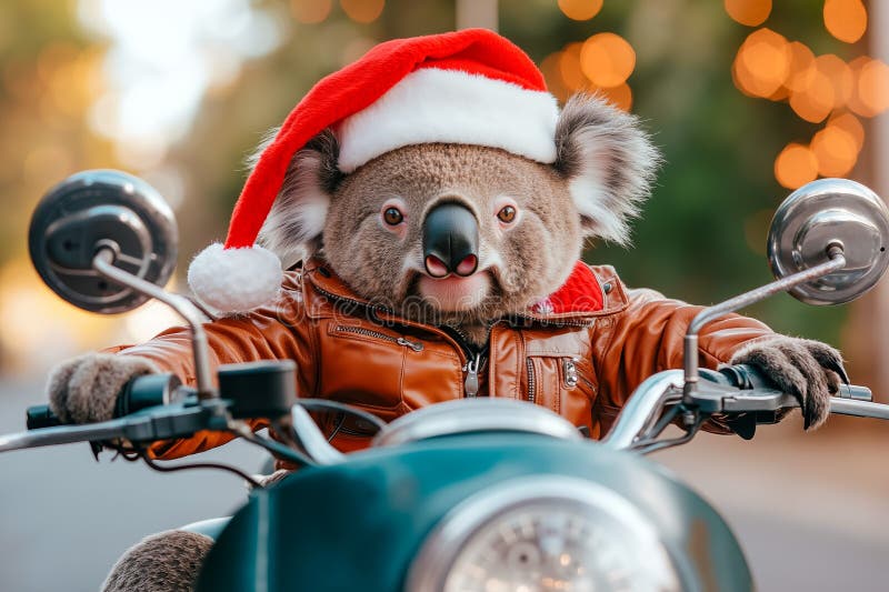 A Koala Wearing a Santa Hat Riding a Motorcycle Stock Photo - Image of ...
