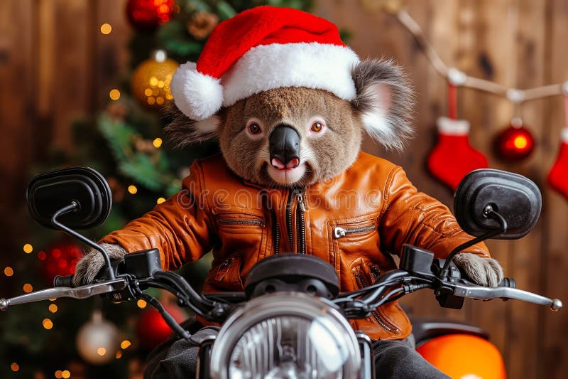 A Koala Wearing a Santa Hat Sitting on a Motorcycle Stock Photo - Image ...