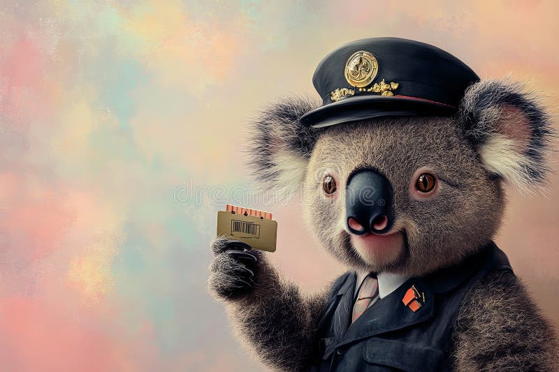 A Koala Wearing a Train Conductor Hat, Holding a Tiny Ticket Puncher ...