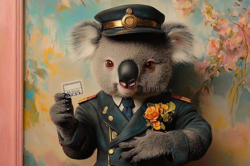 A Koala Wearing a Train Conductor Hat, Holding a Tiny Ticket Puncher ...
