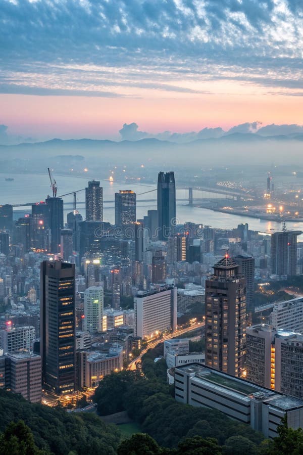 Kobe, Japan Dense City Skyline at Dawn Stock Illustration ...