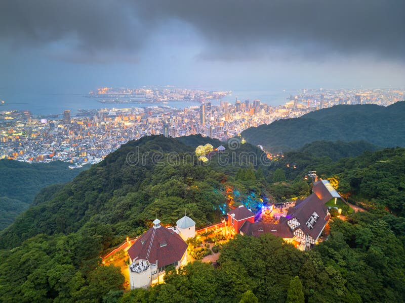 Kobe, Japan from the Mountains at Dusk Stock Photo - Image of harbor ...