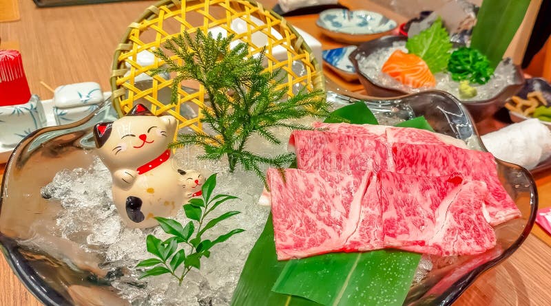 Kobe Marble Wagyu Beef Prepared for Shabu Shabu in Restaurant Stock ... Kobe Marble Wagyu Beef Prepared for Shabu Shabu in Restaurant Stock ...