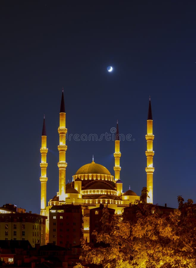 Kocatepe Mosque at Night Under Crescent, Ankara, Turkey Stock Image ...