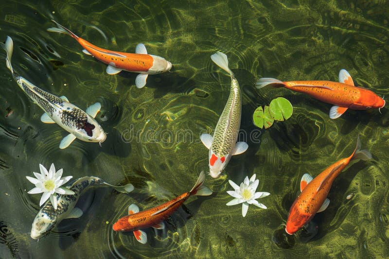 Koi Carp Seen from Above in a Clear Pond with Some Water Lilies Stock ...