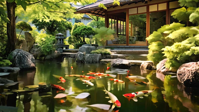 Koi Fish in Japanese Garden with Japanese Style House, AI Generated ...