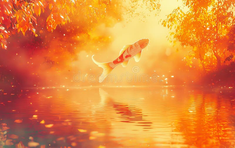 Koi Fish Jumping in a Lake Surrounded by Autumn Leaves Stock ...