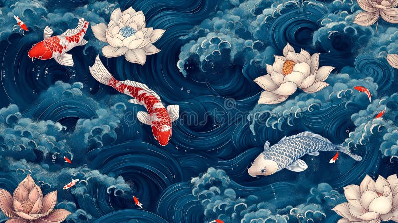 Koi Fish and Lotus on Water Waves, Fabric Pattern Stock Illustration ...