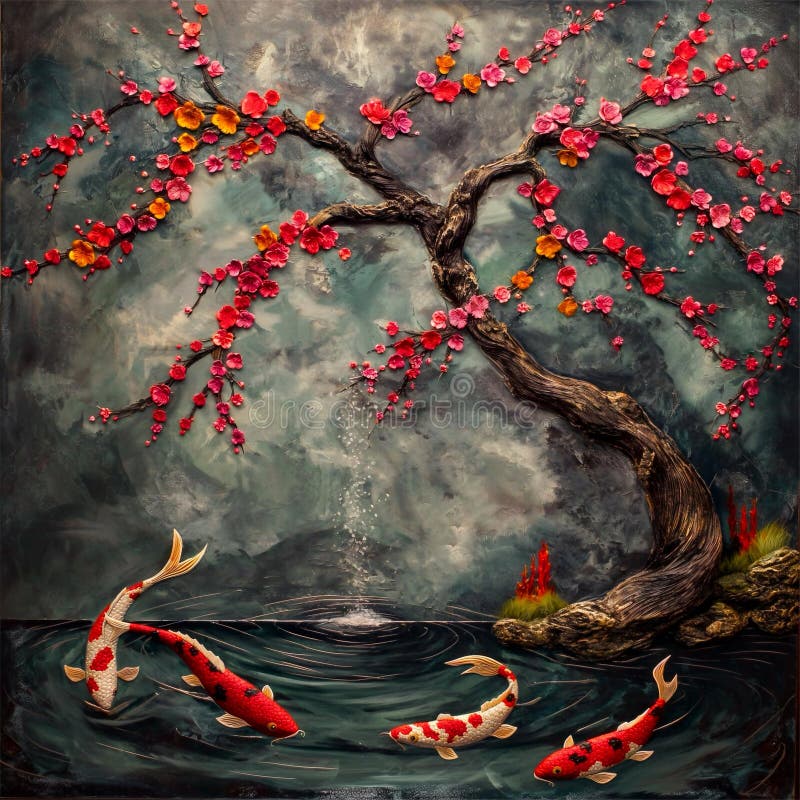 Koi Fish Pond with Cherry Tree, Illustration Stock Illustration ...