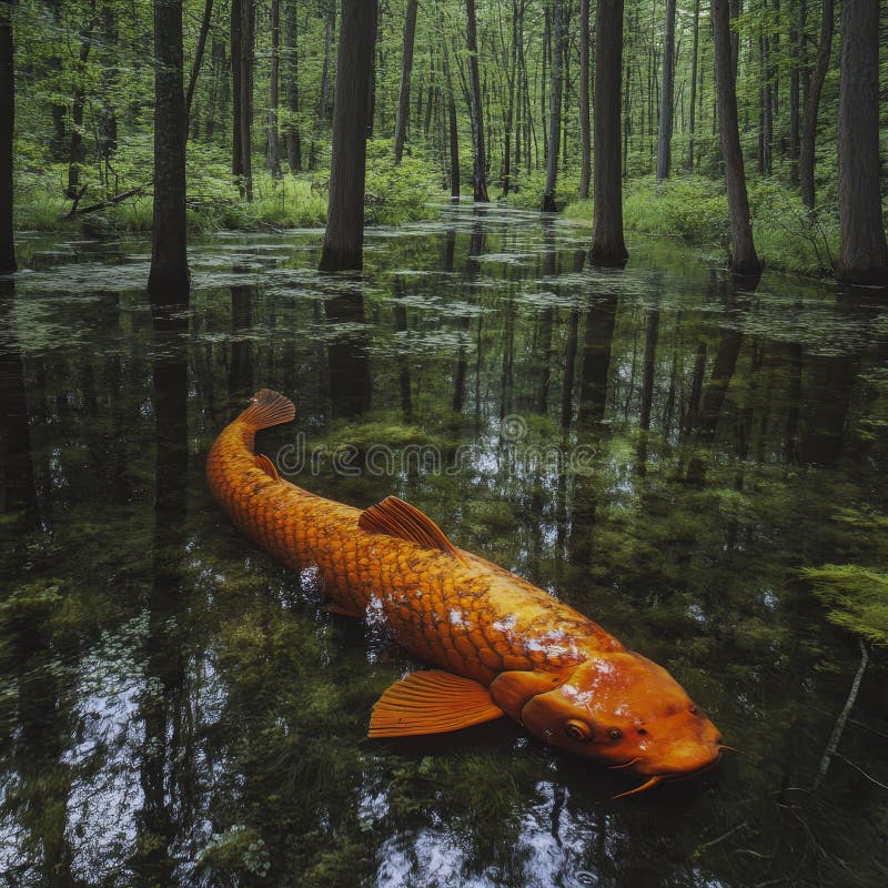 Koi Fish in a Pond in the Forest. 3d Rendering Stock Illustration ...