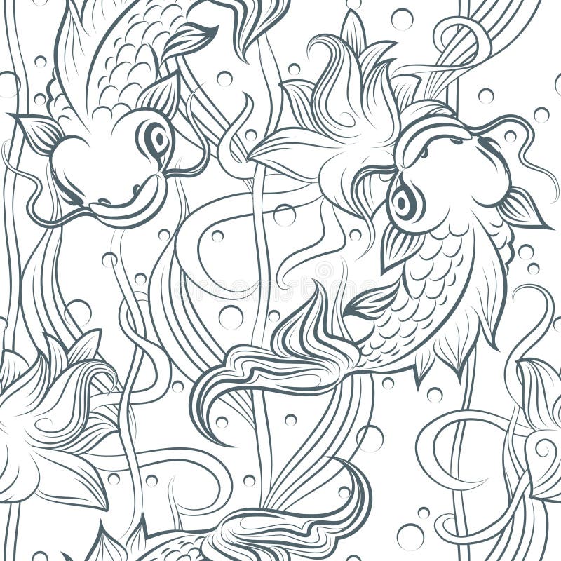 Seamless Vector Pattern With Hand Drawn Koi Fish With Lotus Stock ...