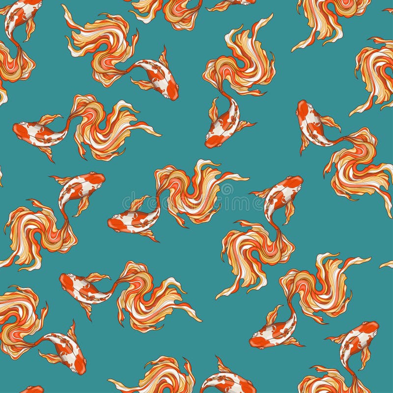 Koi Fish Seamless Pattern on Teal Blue Vackground. Stock Vector ...