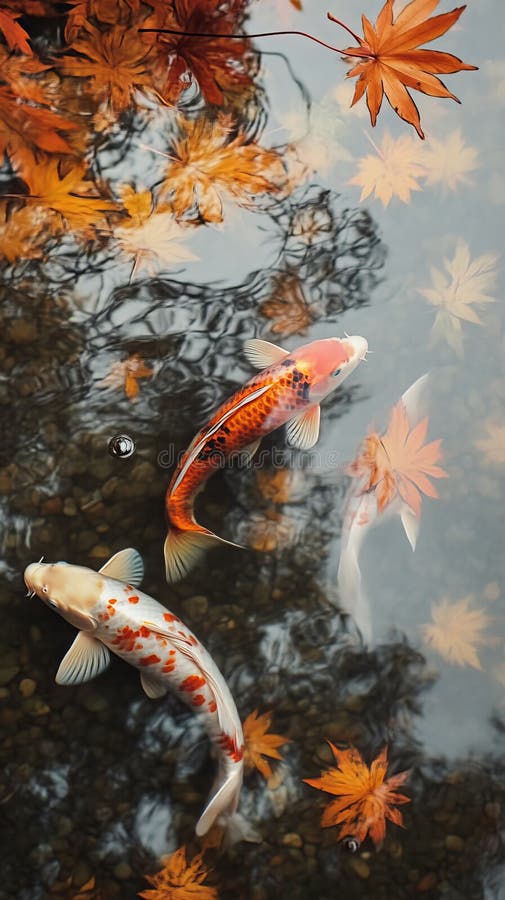 Koi Fish Swimming among Autumn Leaves in a Tranquil Pond Stock Image ...